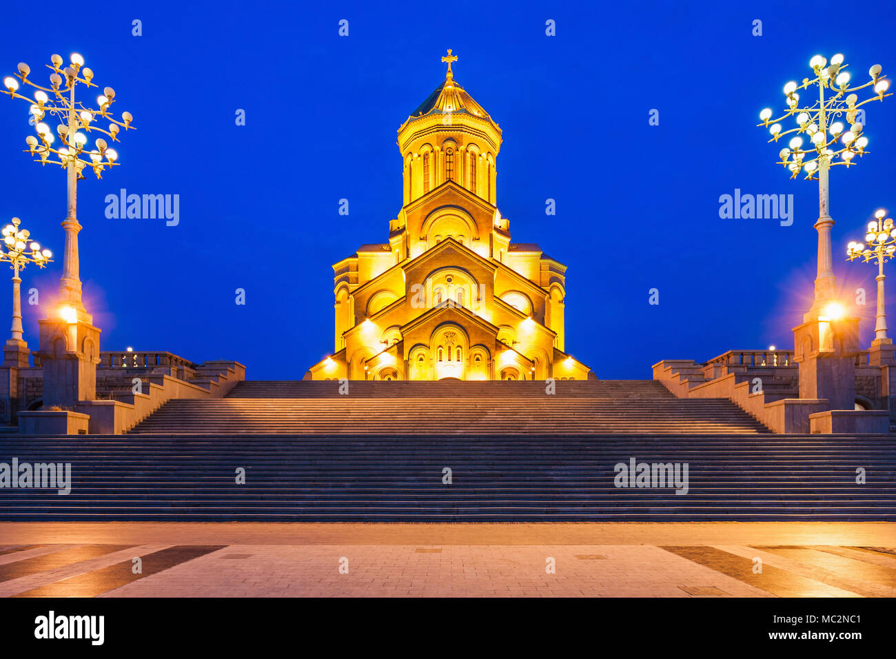 The Holy Trinity Cathedral of Tbilisi (Tsminda Sameba Church) at sunset ...