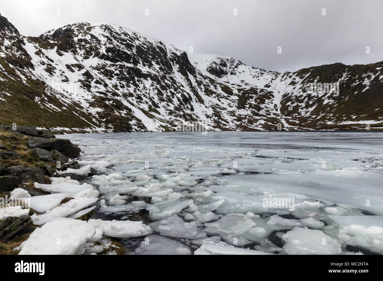 A partly frozen Red Tarn, with the Helvellyn headwall and Swirral Edge ...