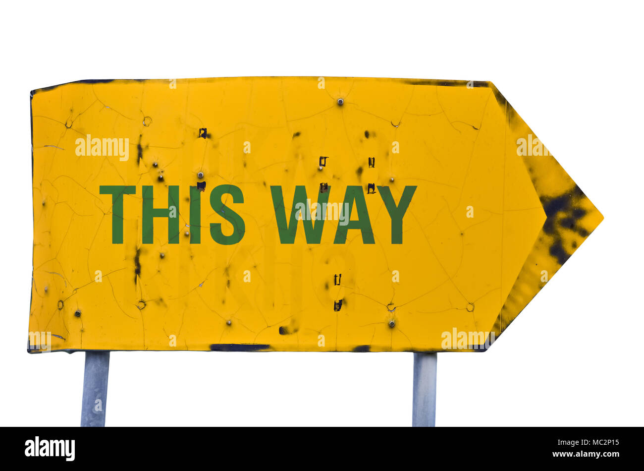 Text This Way written on yellow arrow isolated on white background ...