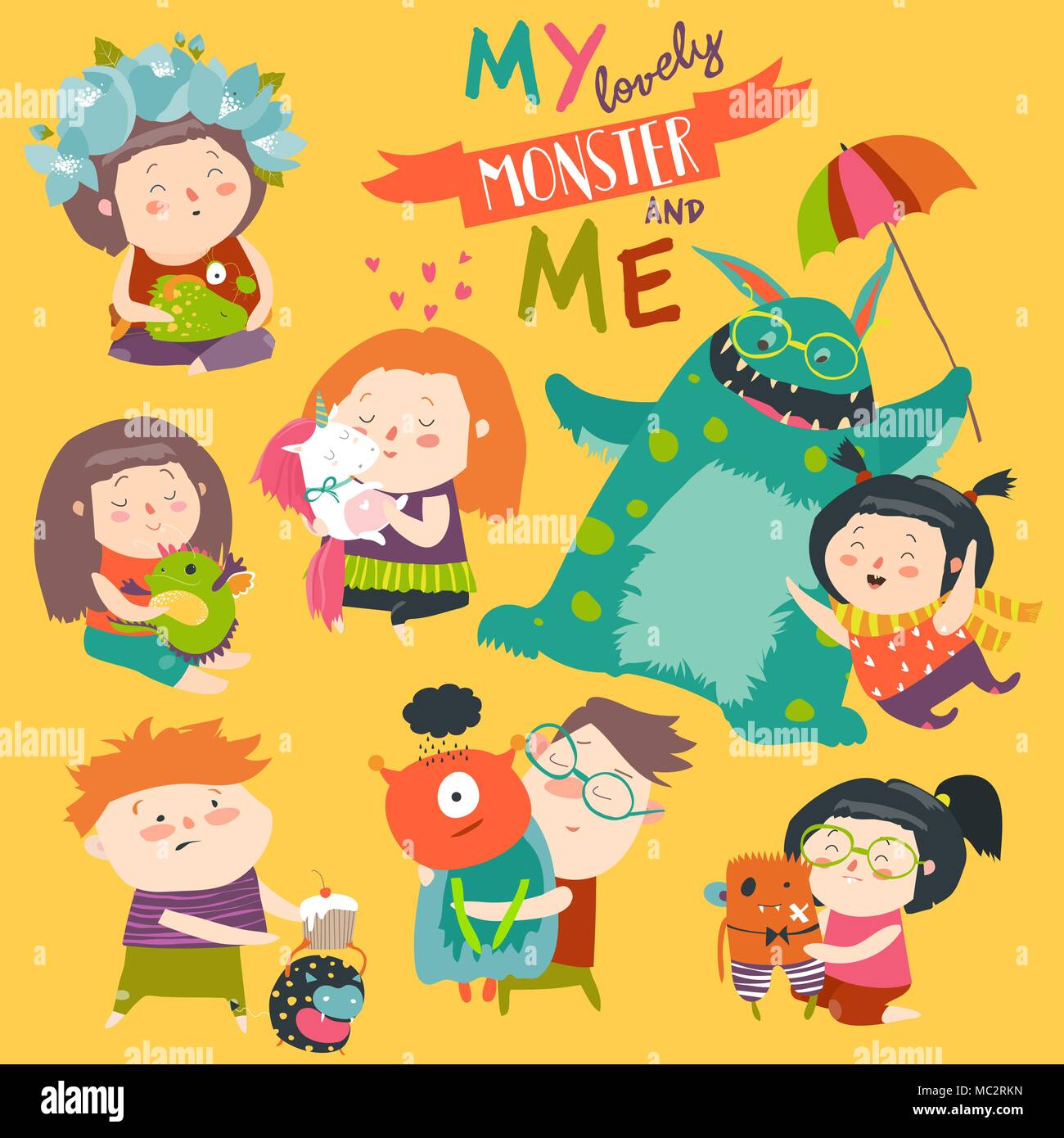 Happy kids with their monsters pet Stock Vector Image & Art - Alamy