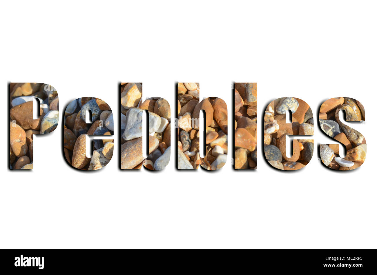 Pebbles on the beach word cut out Stock Photo - Alamy