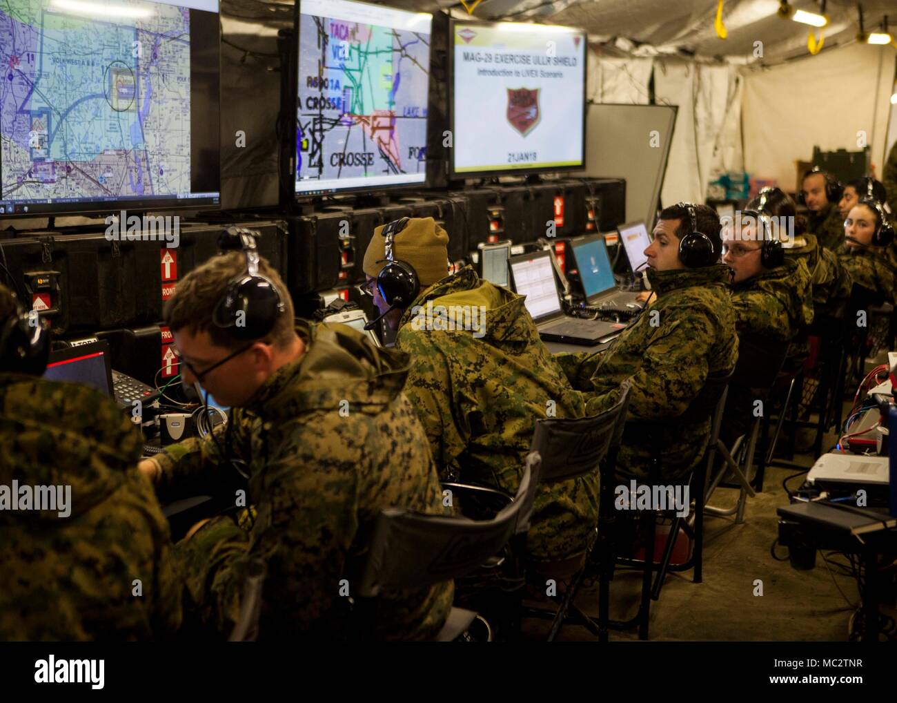 U.S. Marines with Marine Air Control Group 28 work in a tactical air ...