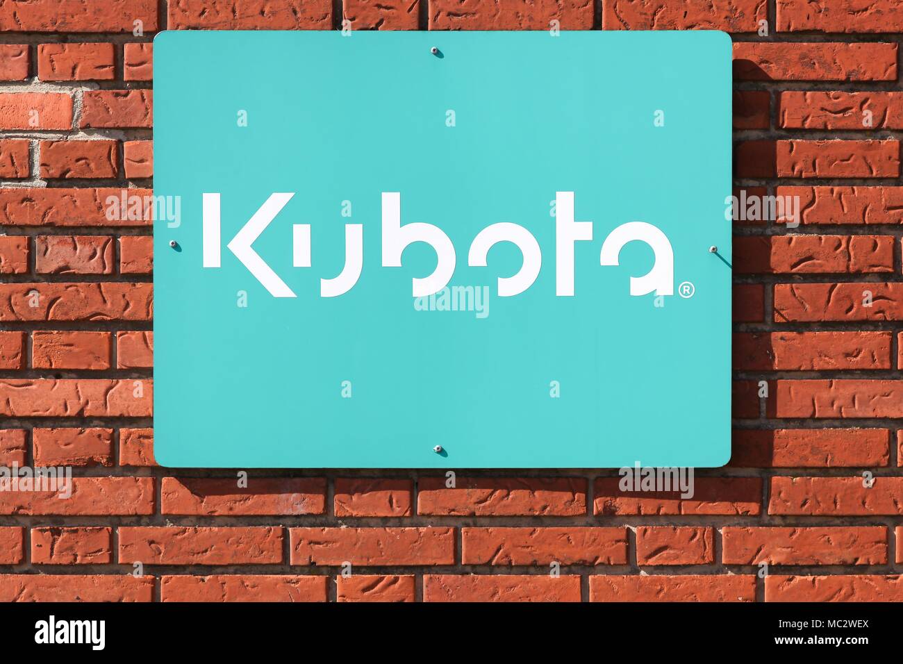 Horsens, Denmark - April 2, 2018: Kubota logo on a wall. Kubota is a ...