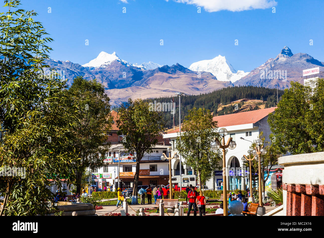 HUARAZ, PERU -AUGUST 4: Central square of Huaraz Cordiliera Blanca, on ...