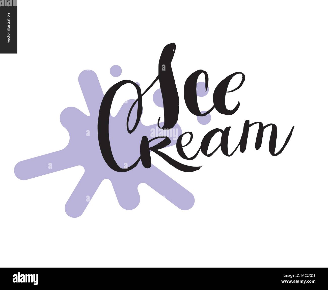 Ice Cream lettering and a violet blot - a vector cartoon black brush ...