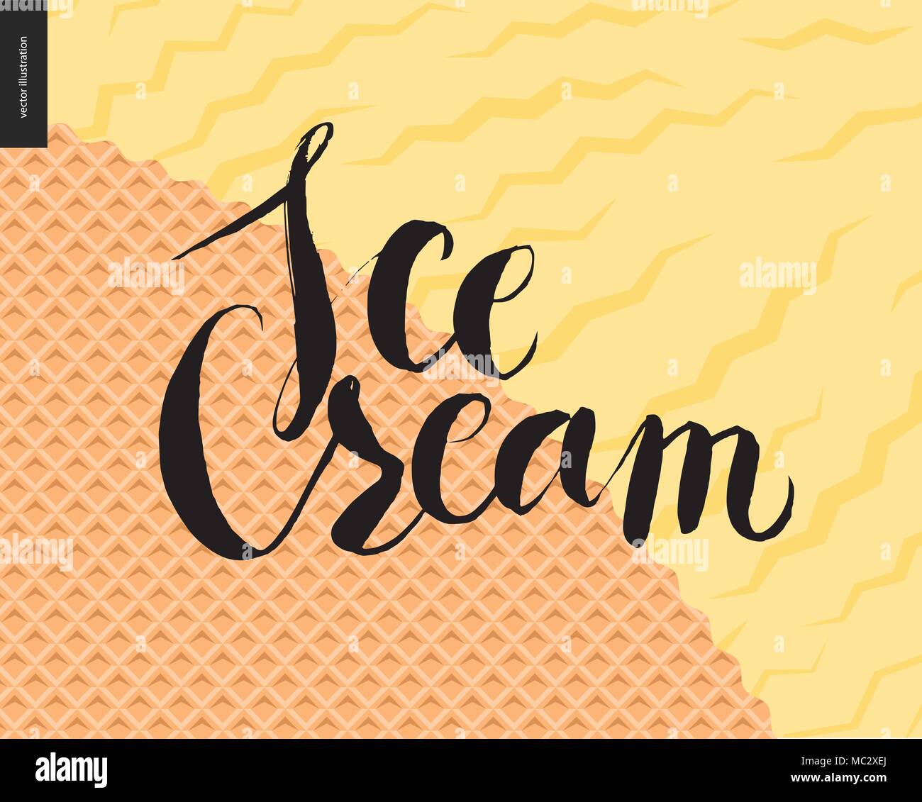 Ice Cream lettering on a yellow ice cream and waffle - a flat vector ...