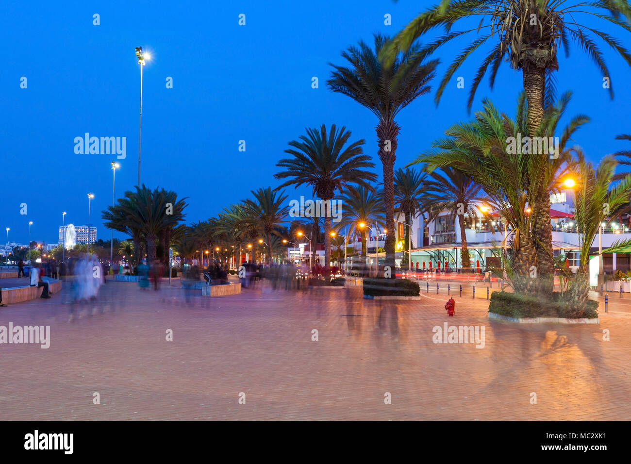 Agadir seafront promenade at the night, Morocco. Agadir is a major city ...