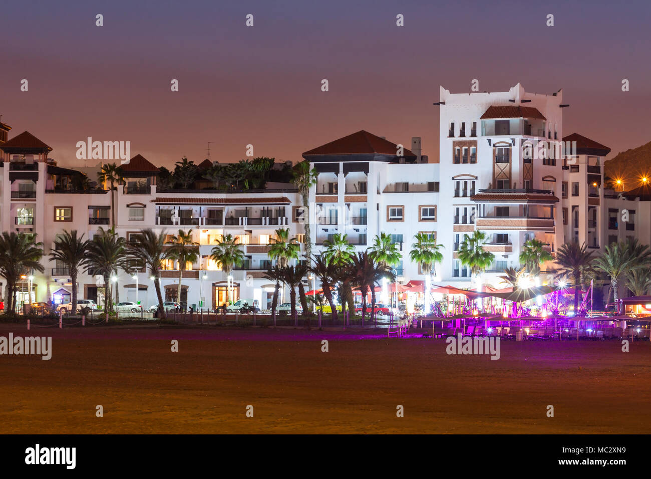 Agadir seafront promenade at the night, Morocco. Agadir is a major city ...