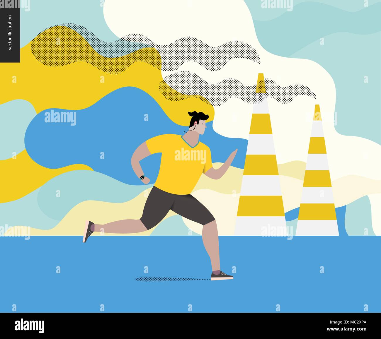 Young man running in smog, gas-polluted air. Flat vector cartoon ...