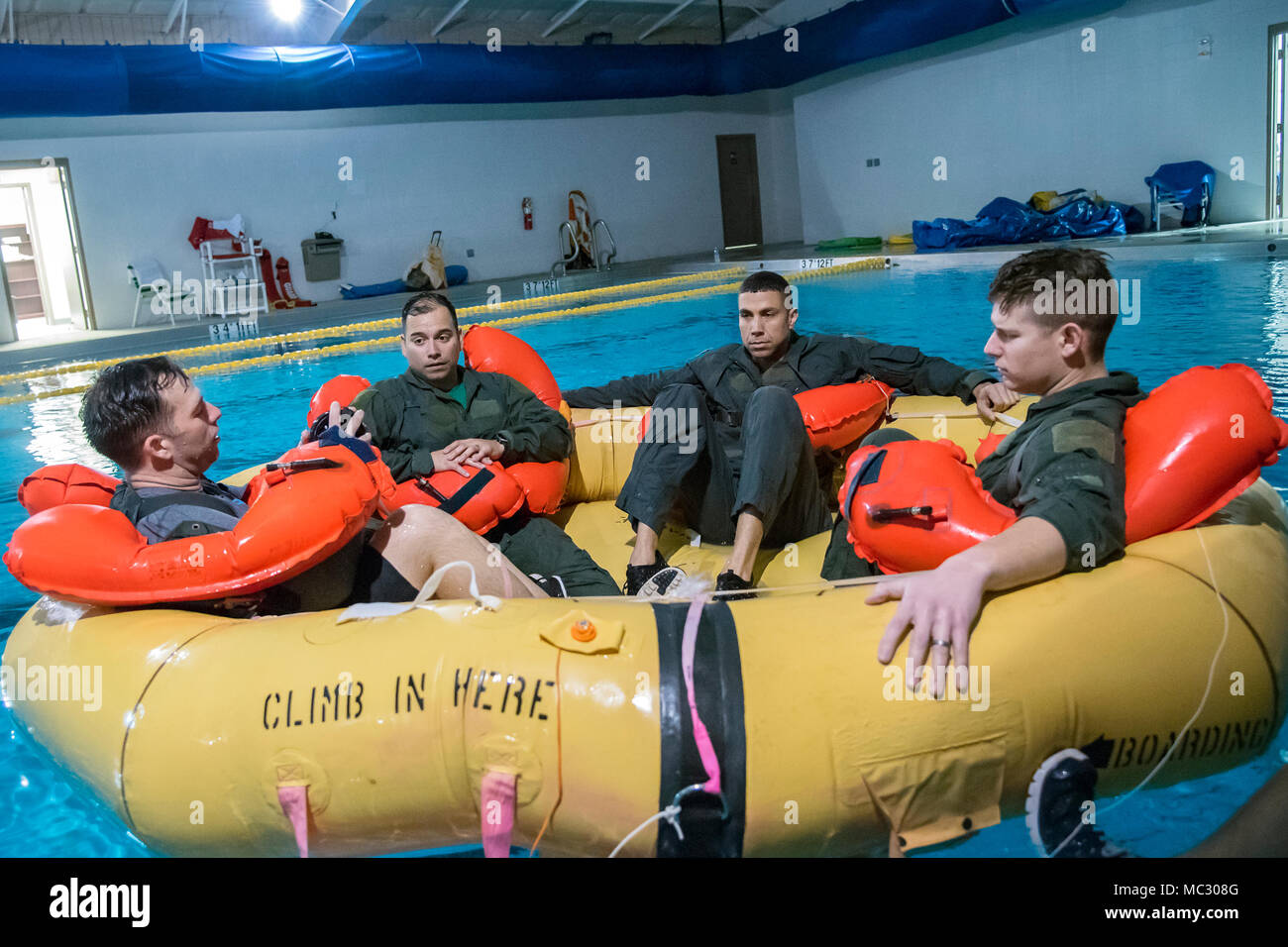Aircrew members sit in a water raft, Jan. 25, 2018, at Moody Air Force ...