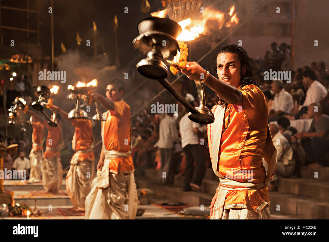 VARANASI, INDIA - APRIL 11: An unidentified Hindu priest performs ...