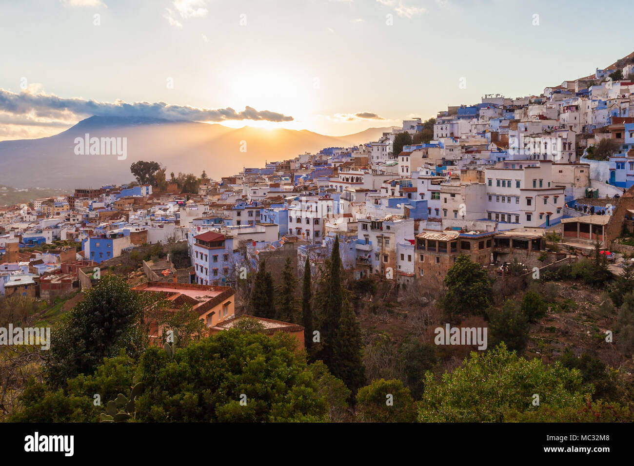Chefchaouen aerial panoramic view at night. Chefchaouen is a city in ...