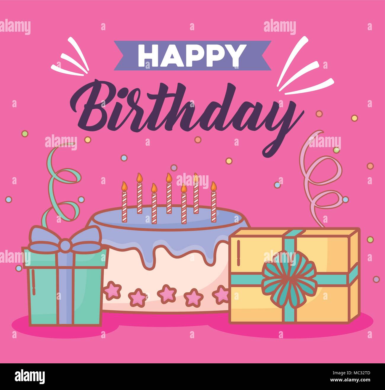 Happy birthday design with gift boxes and birthday cake over pink ...