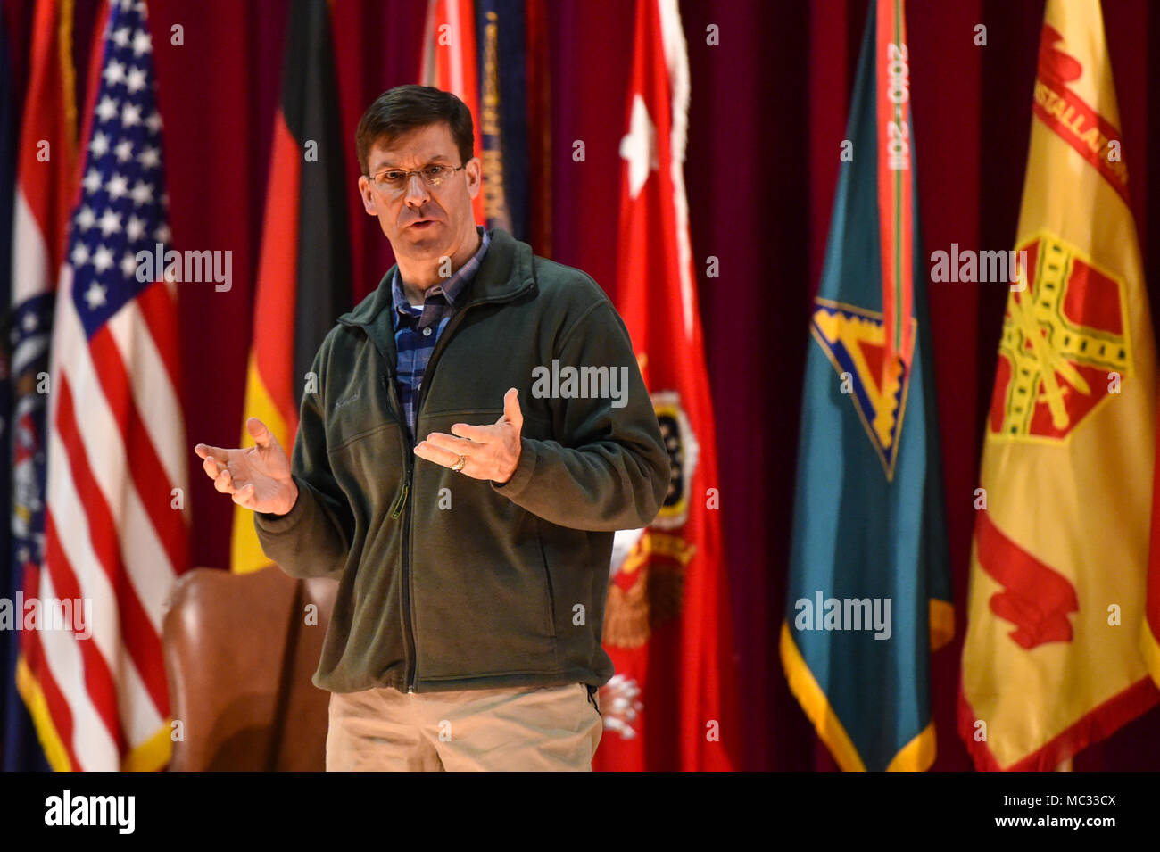 Secretary of the Army Dr. Mark T. Esper speaks at a town hall forum ...