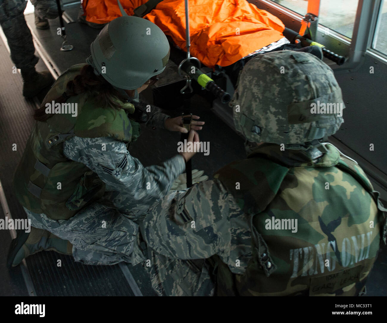 A simulated patient is loaded for transportation during a joint field ...