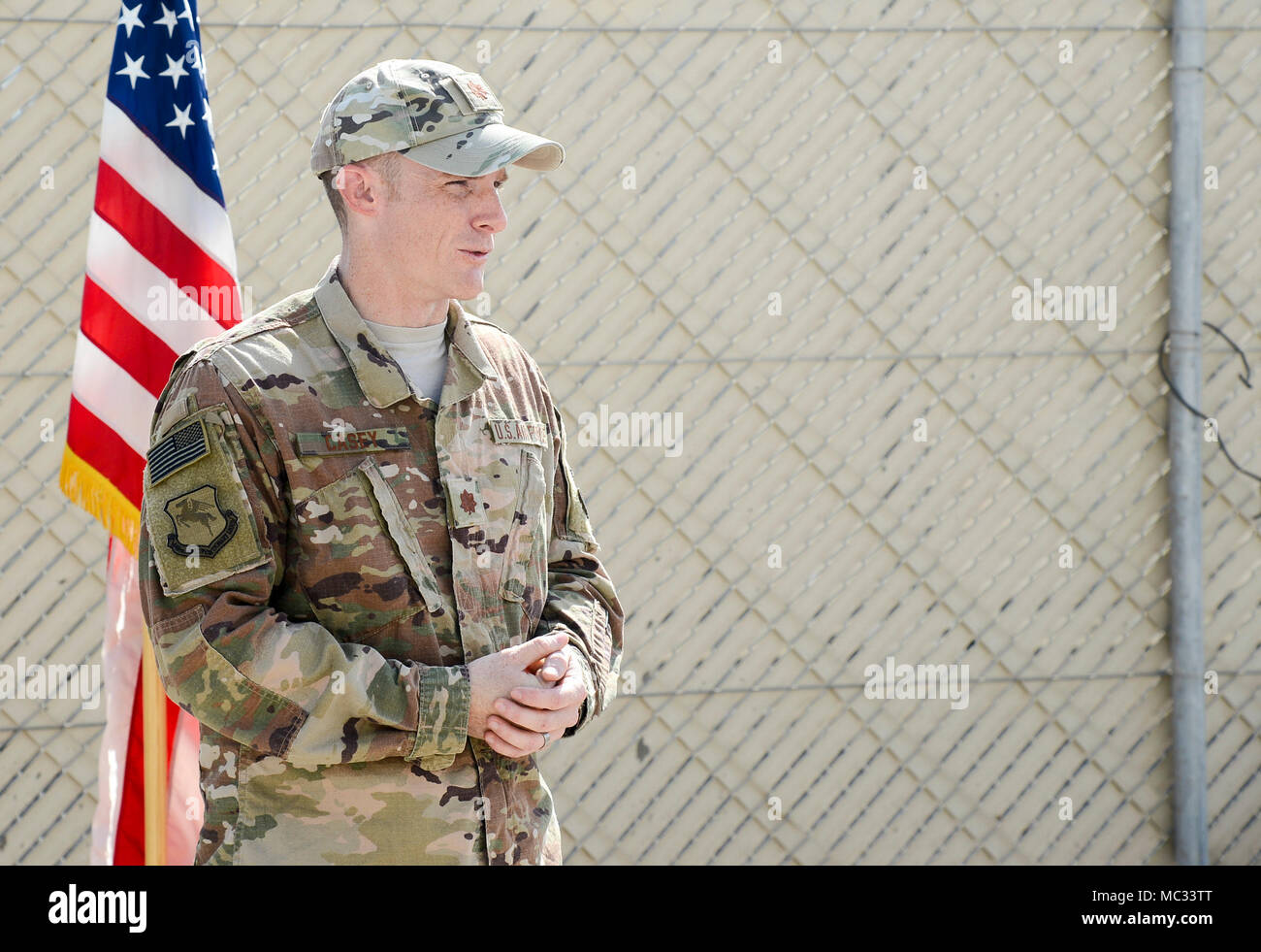 U.S. Air Force Maj. John Casey speaks during a change of command ...