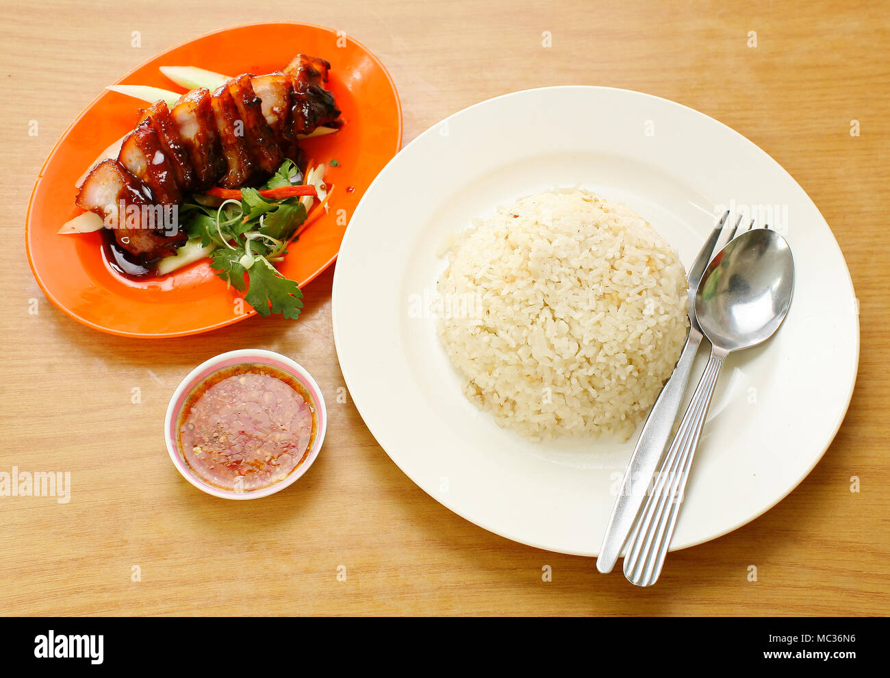 pork. BBQ Pork and Crispy Pork with Rice Stock Photo - Alamy