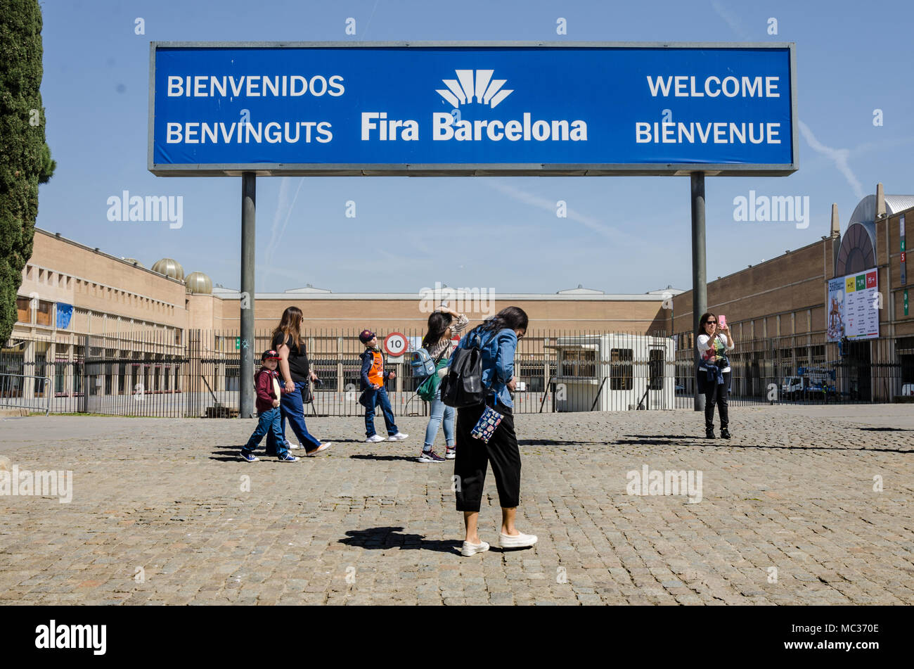 A big blue sign at an entrance to Fira Barcelona in Spain Stock Photo ...
