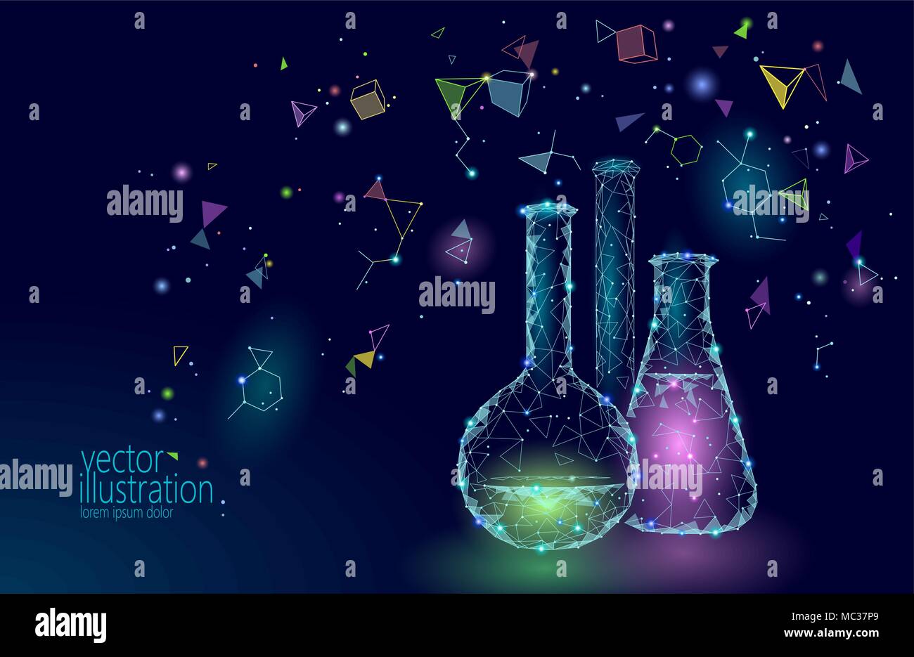 Low poly science chemical glass flasks. Magical equipment polygonal ...