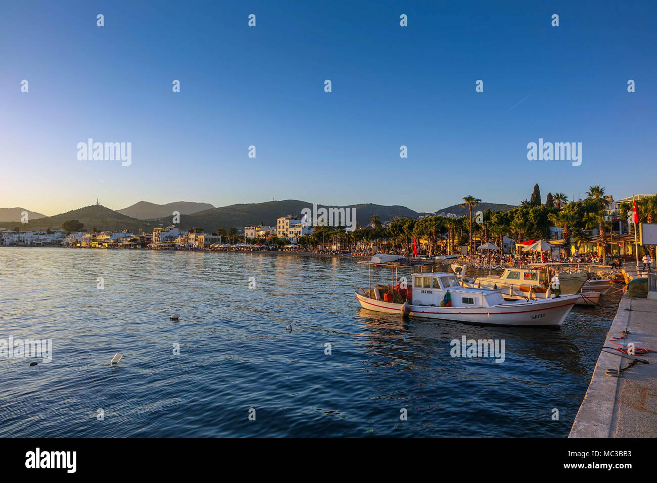 Ships moored, evening, at seafront, Bodrum, Mugla, Turkey Stock Photo ...
