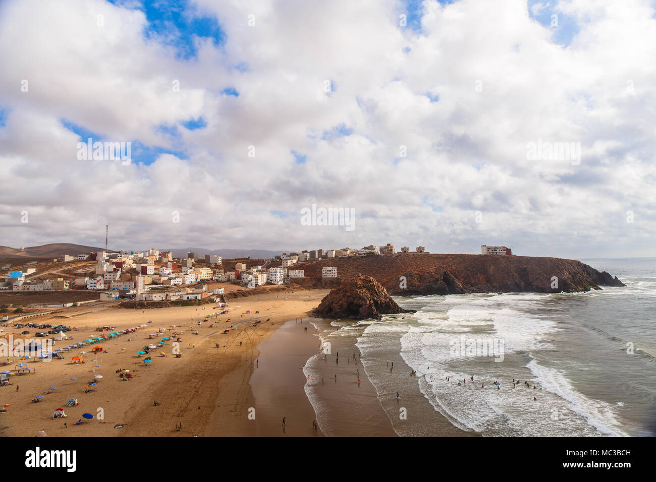 Breathtaking view on Atlantic ocean beach in small Morrocan town Iguer ...