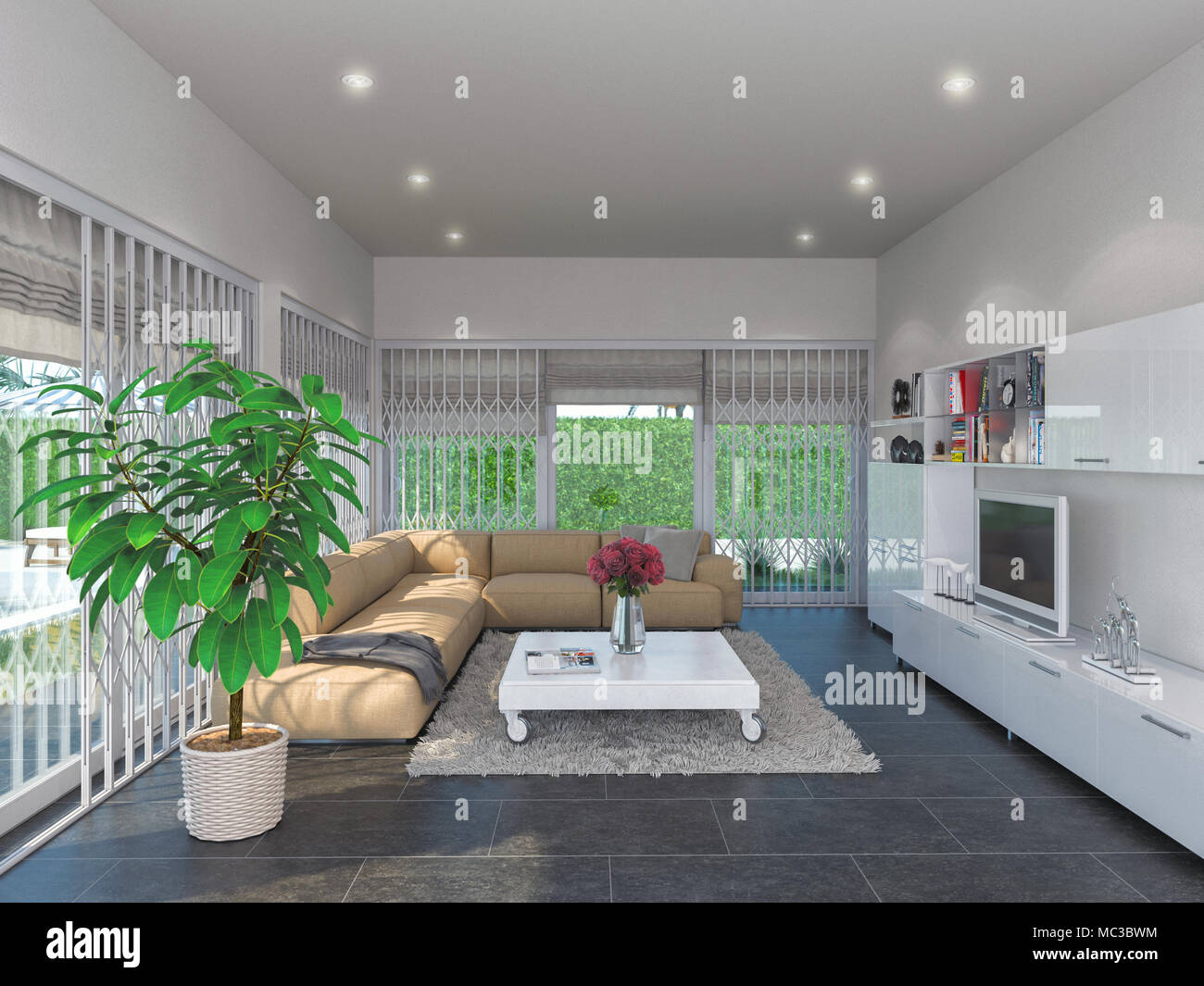 Concept 3d illustration, interior design of the living room Stock Photo ...