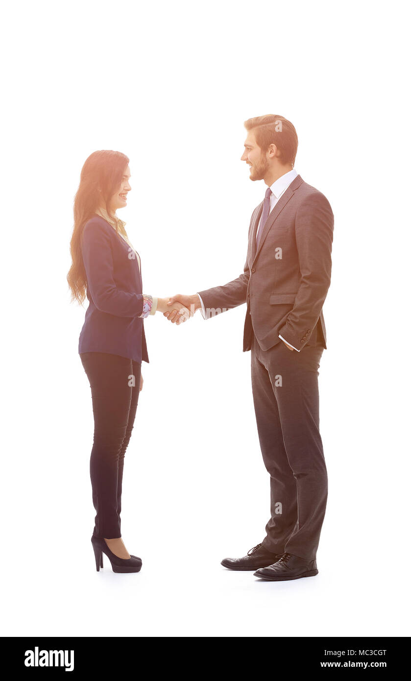 Full-length handshake, business partners, isolated on white back Stock ...