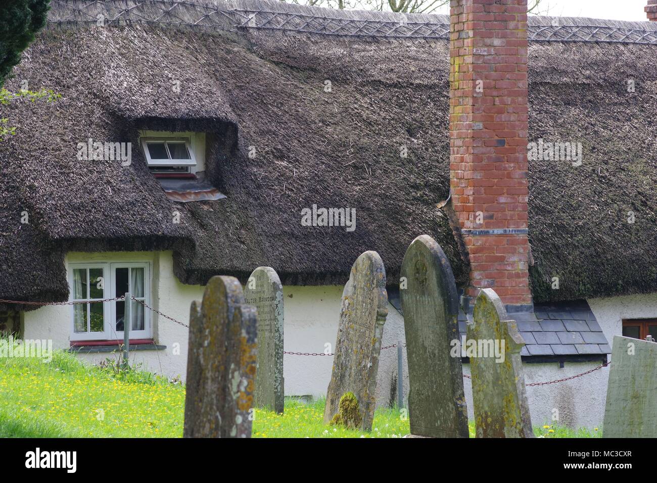 Headstones in an Old Country Graveyard by a Thatched Cottage. St Mary ...