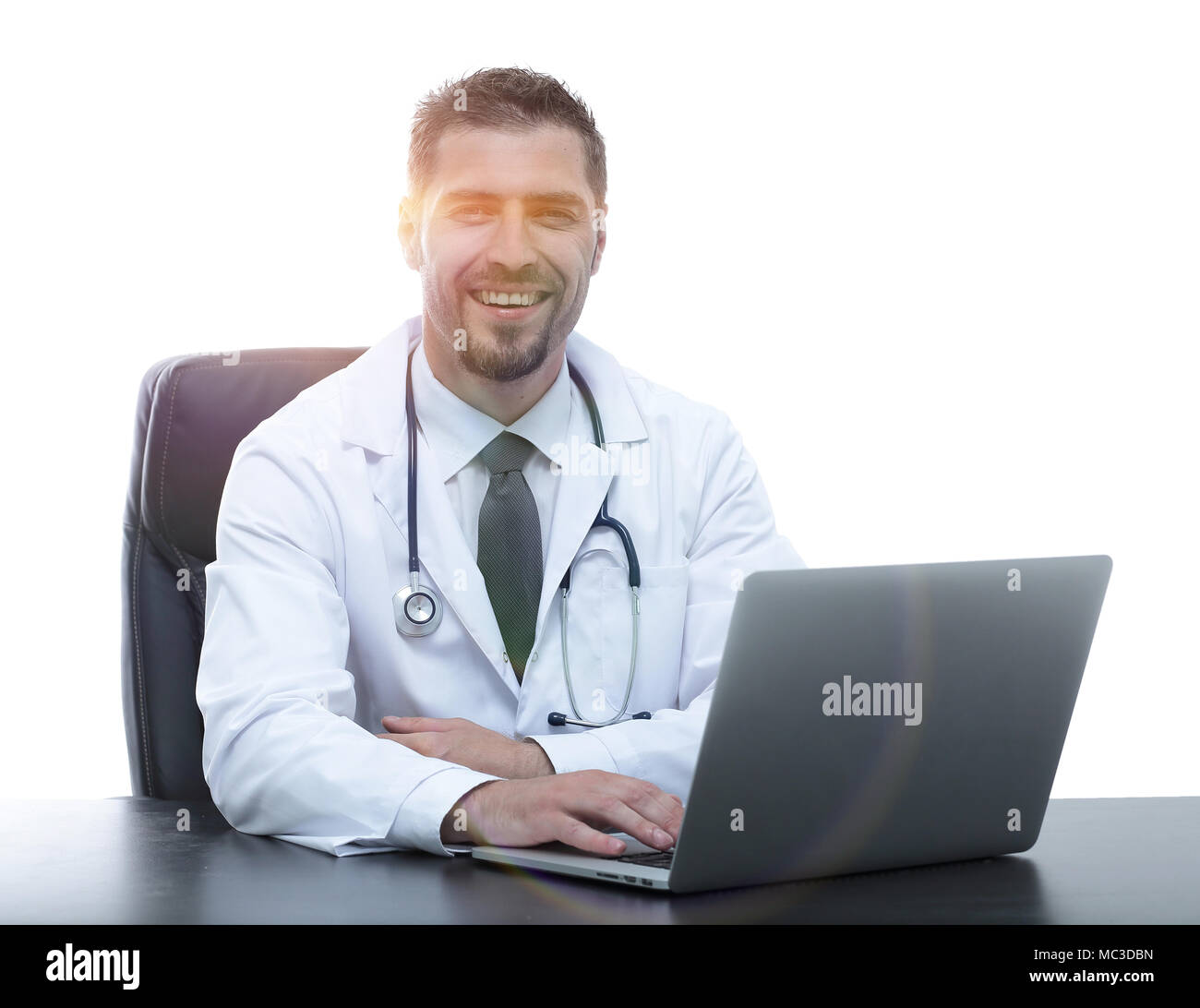 closeup .Dr. therapist sitting at the desktop.isolated on white ...