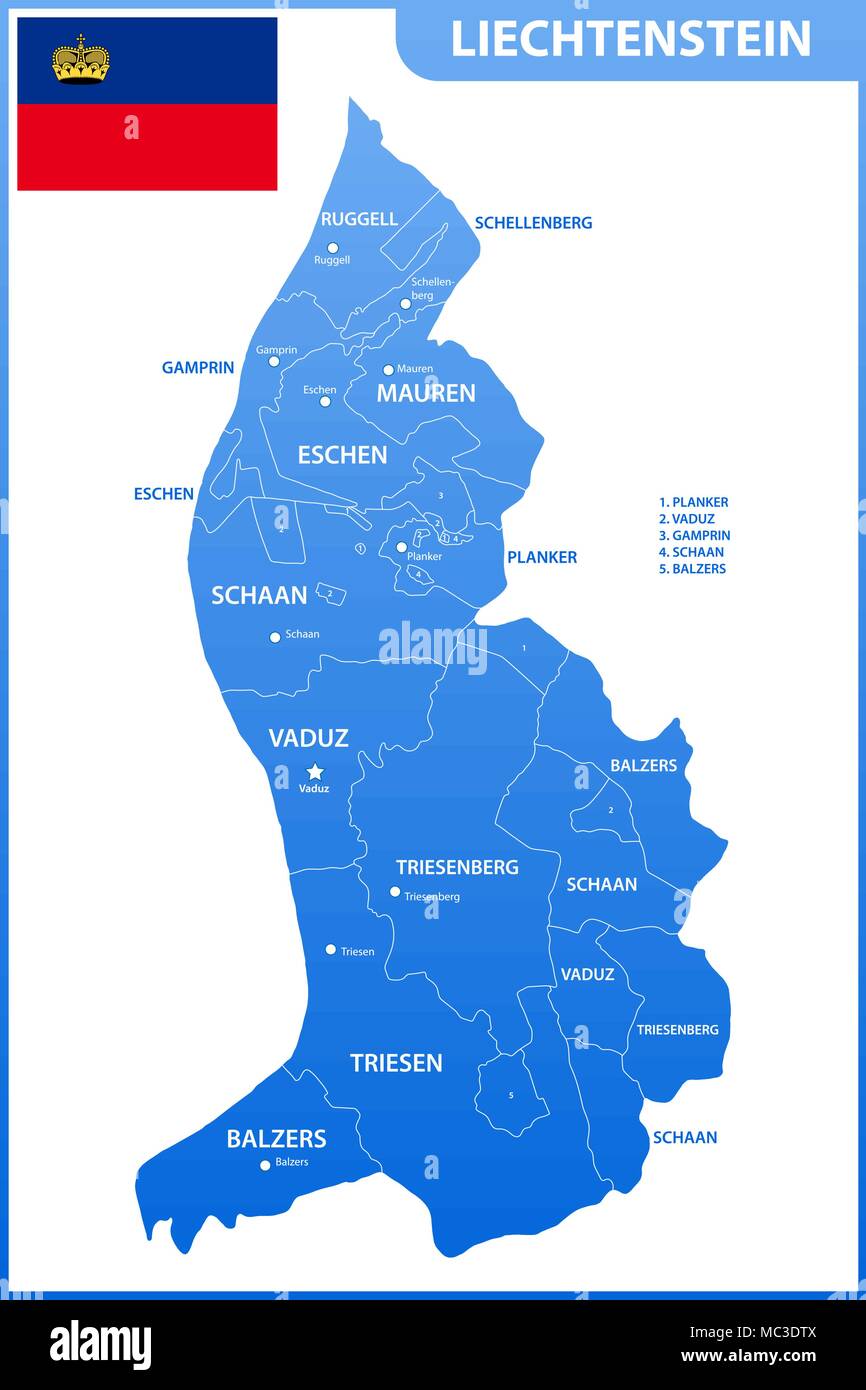 The detailed map of Liechtenstein with regions or states and cities ...