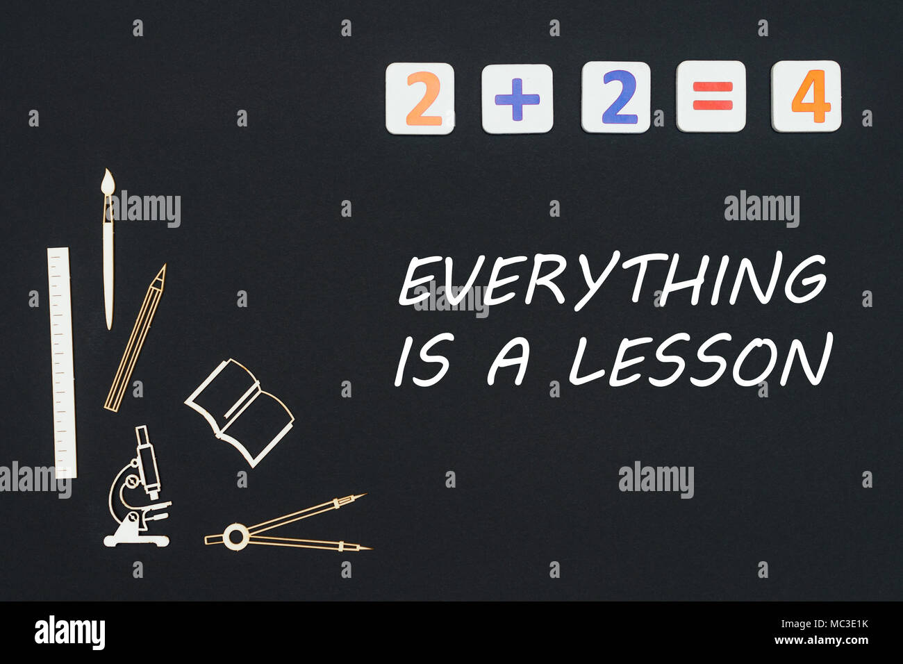 Concept first class school, text everything is a lesson with wooden ...