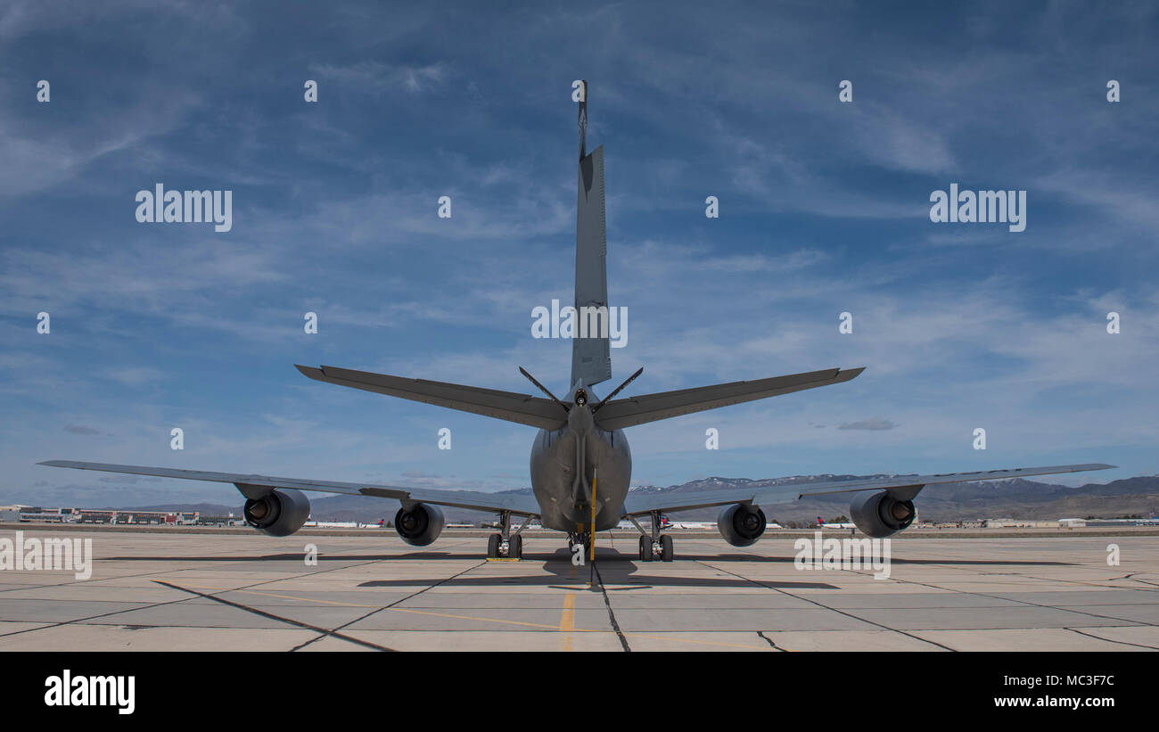 A KC-135 aerial refueling aircraft sits idle on the flightline at Gowen ...