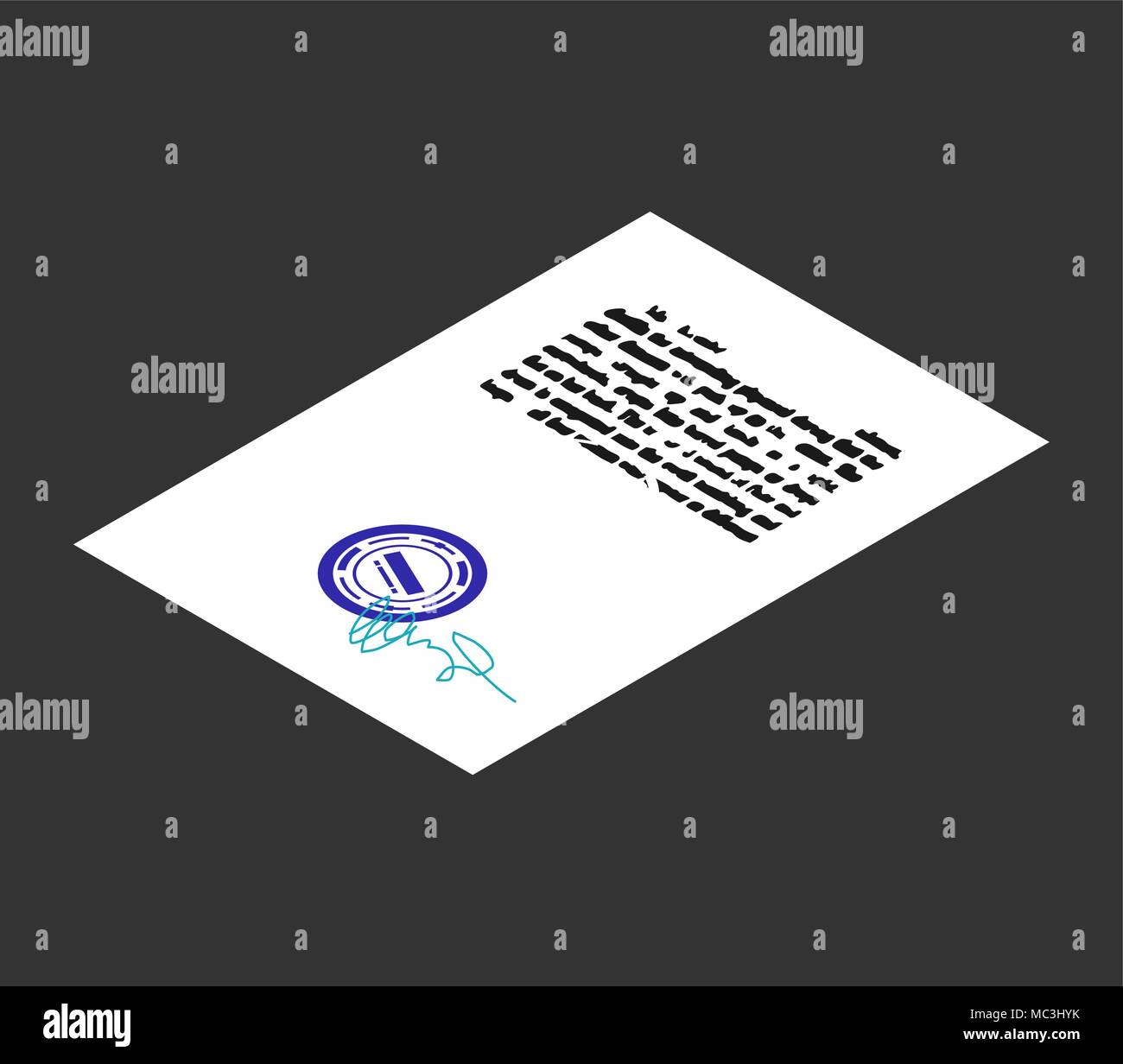 Document with stamp seal and signature Isometric style. Official office ...