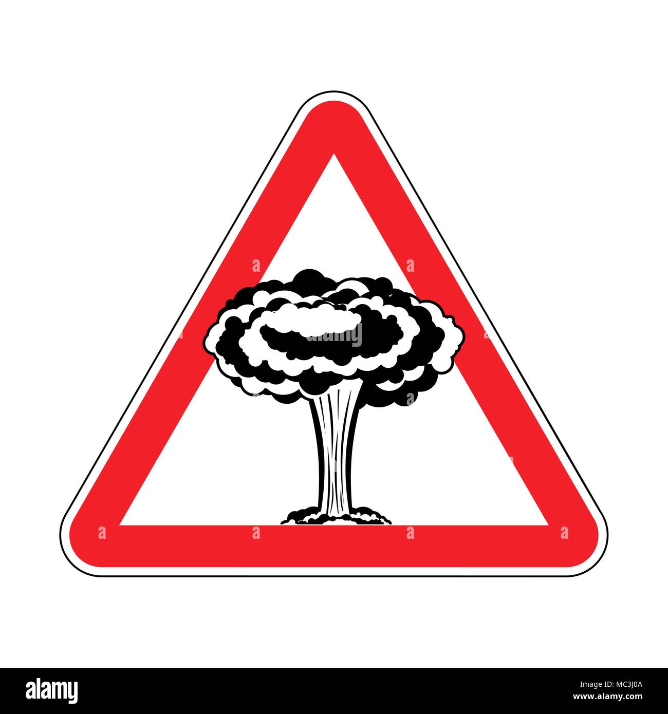 Attention Nuclear explosion. War is prohibited. Red triangle road sign ...