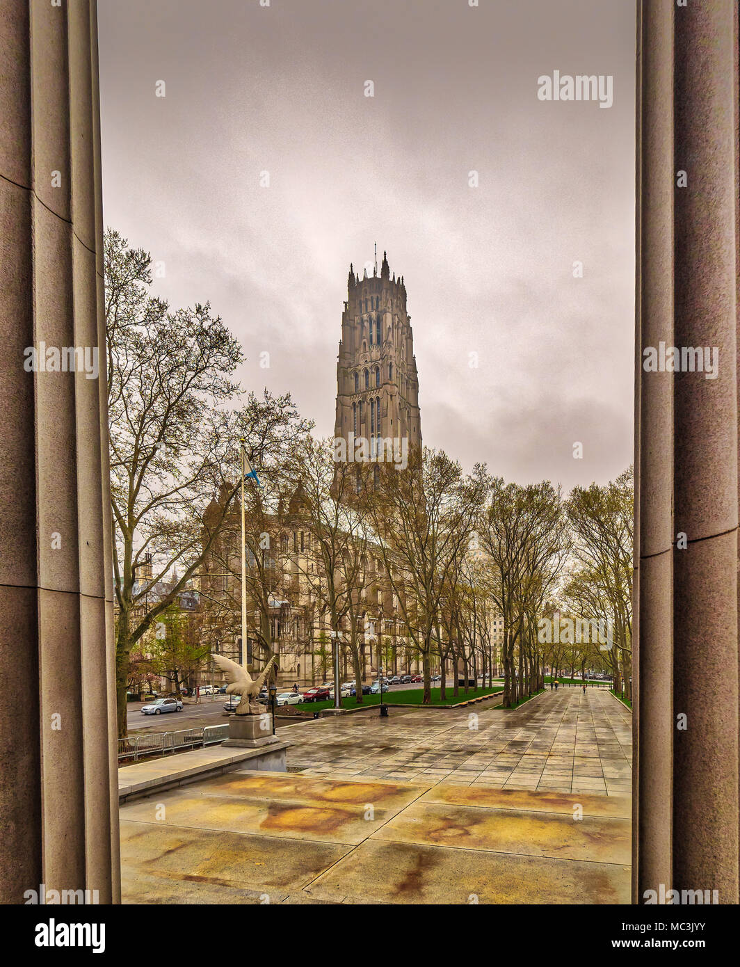 Storied, picturesque Gothic church with vivid stained-glass windows ...