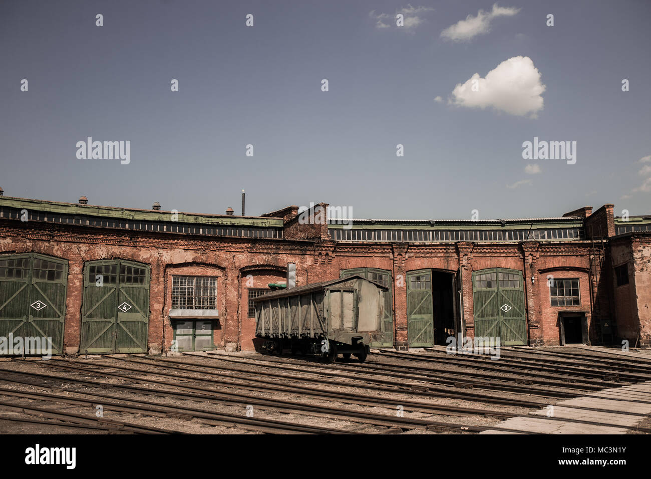 Old rusty soviet wagon at abandoned railway platform. Horizontal color ...