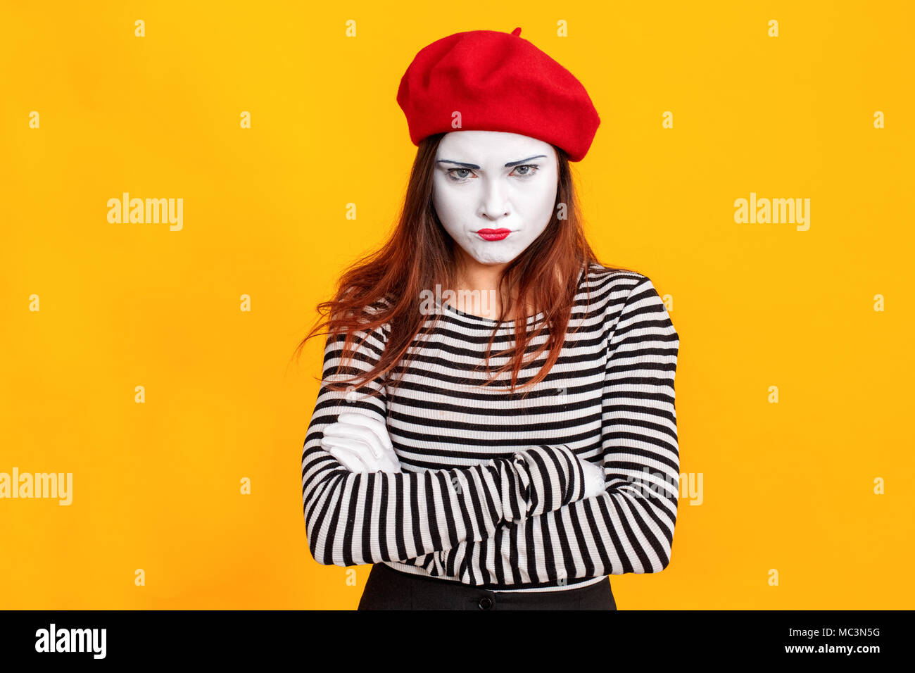 Portrait of cute mime woman have unhappy angry look. Emotions and ...
