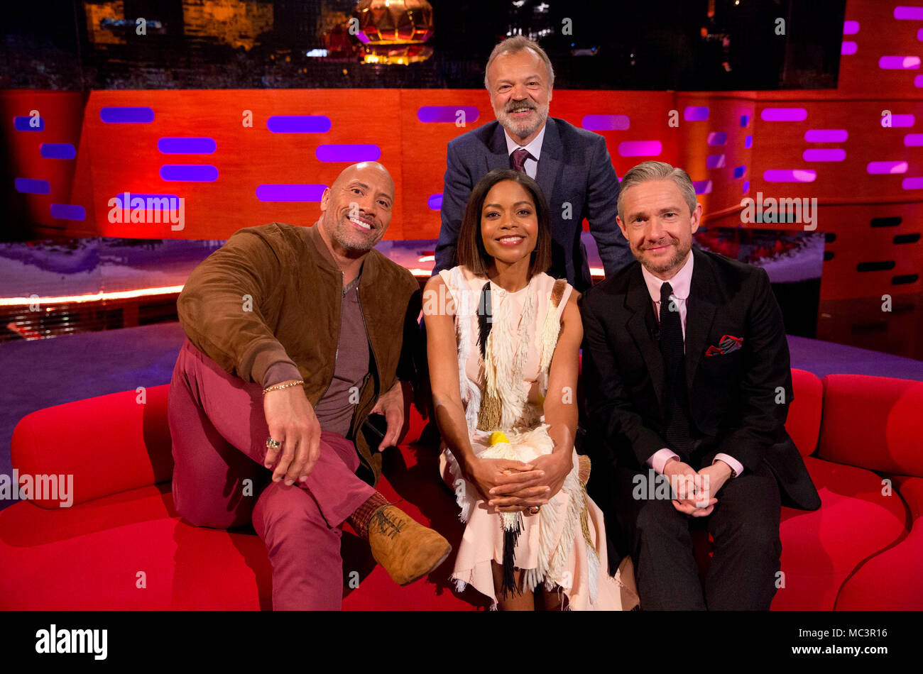 (left to right) Dwayne Johnson, Naomie Harris, Martin Freeman and host ...
