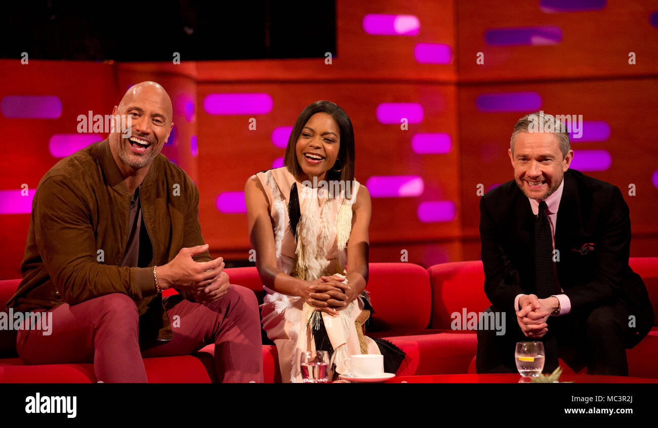 (left to right) Dwayne Johnson, Naomie Harris and Martin Freeman during ...