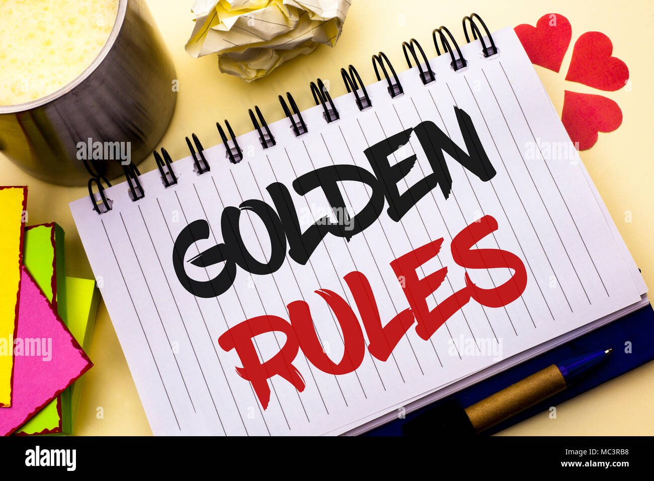 Writing note showing Golden Rules. Business photo showcasing Regulation ...