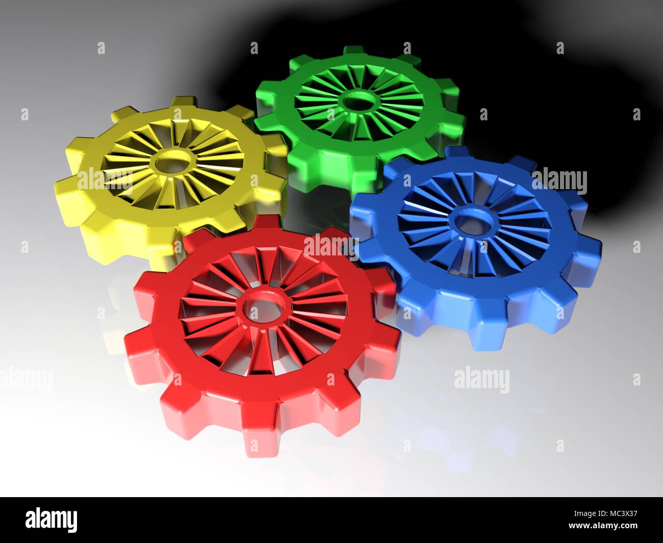 Four colorful mating gears - 3D rendering Stock Photo - Alamy