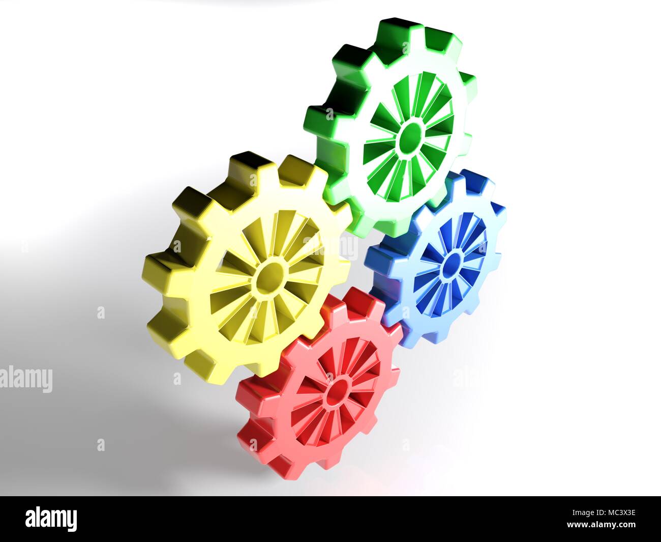 Four colorful mating gears isolated on white - 3D rendering Stock Photo ...