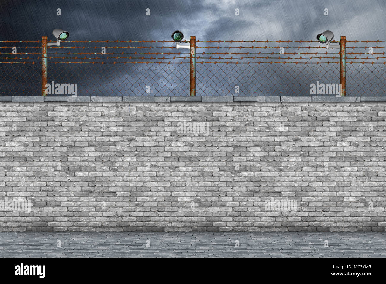 border prison wall with barbwire and security cameras in front of dark ...