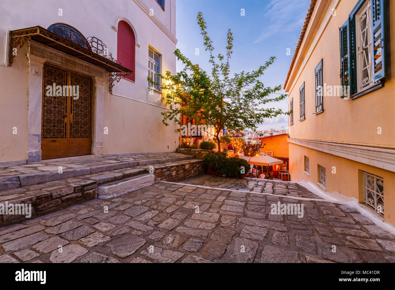 Street of Plaka neighborhood in the old town of Athens, Greece Stock ...