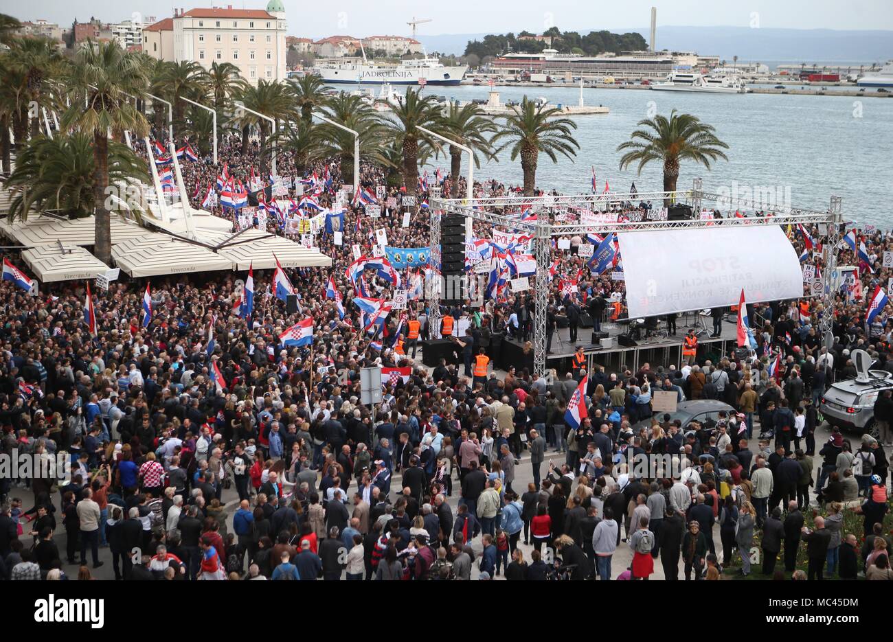 Split, Croatia. 12th Apr, 2018. Protesters gather to protest against ...