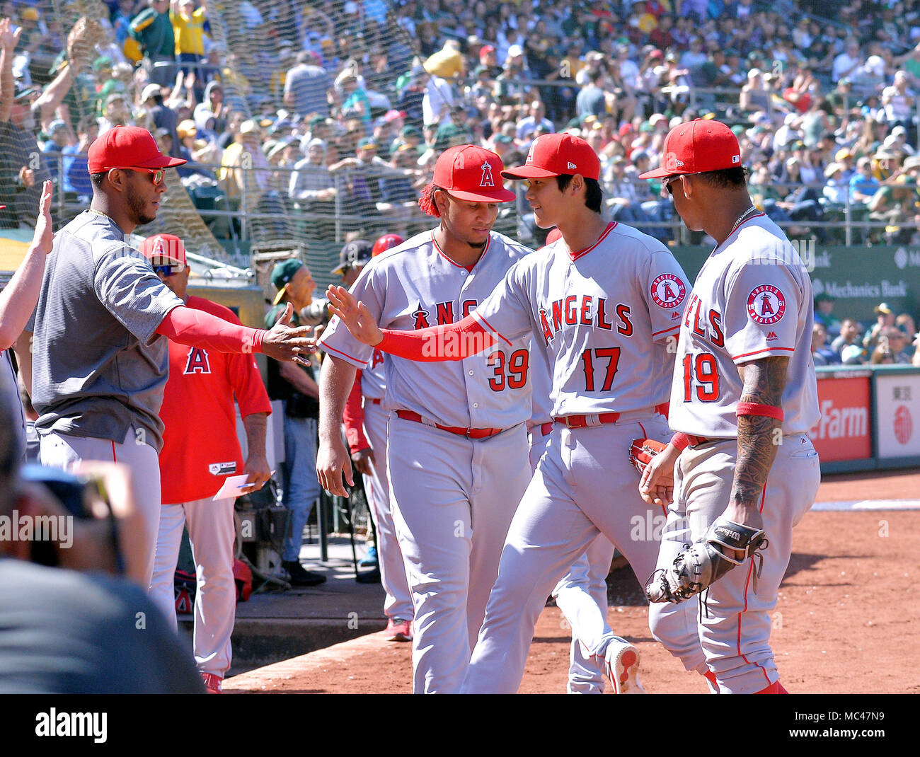 Los Angeles Angels starting pitcher Shohei Ohtani high-fives teammates ...