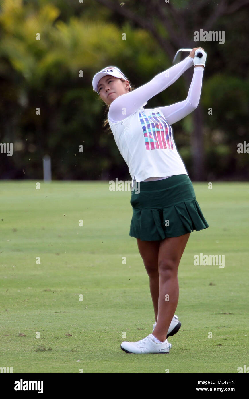 April 12, 2018 - Jenny Shin hits out of the 2nd fairway during the ...