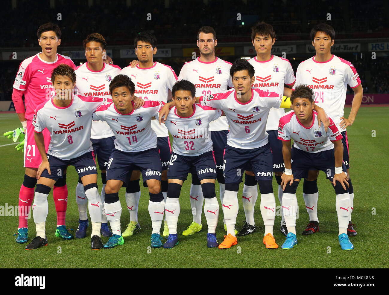 Kanagawa, Japan. 11th Apr, 2018. Cerezo Osaka team group line-up ...