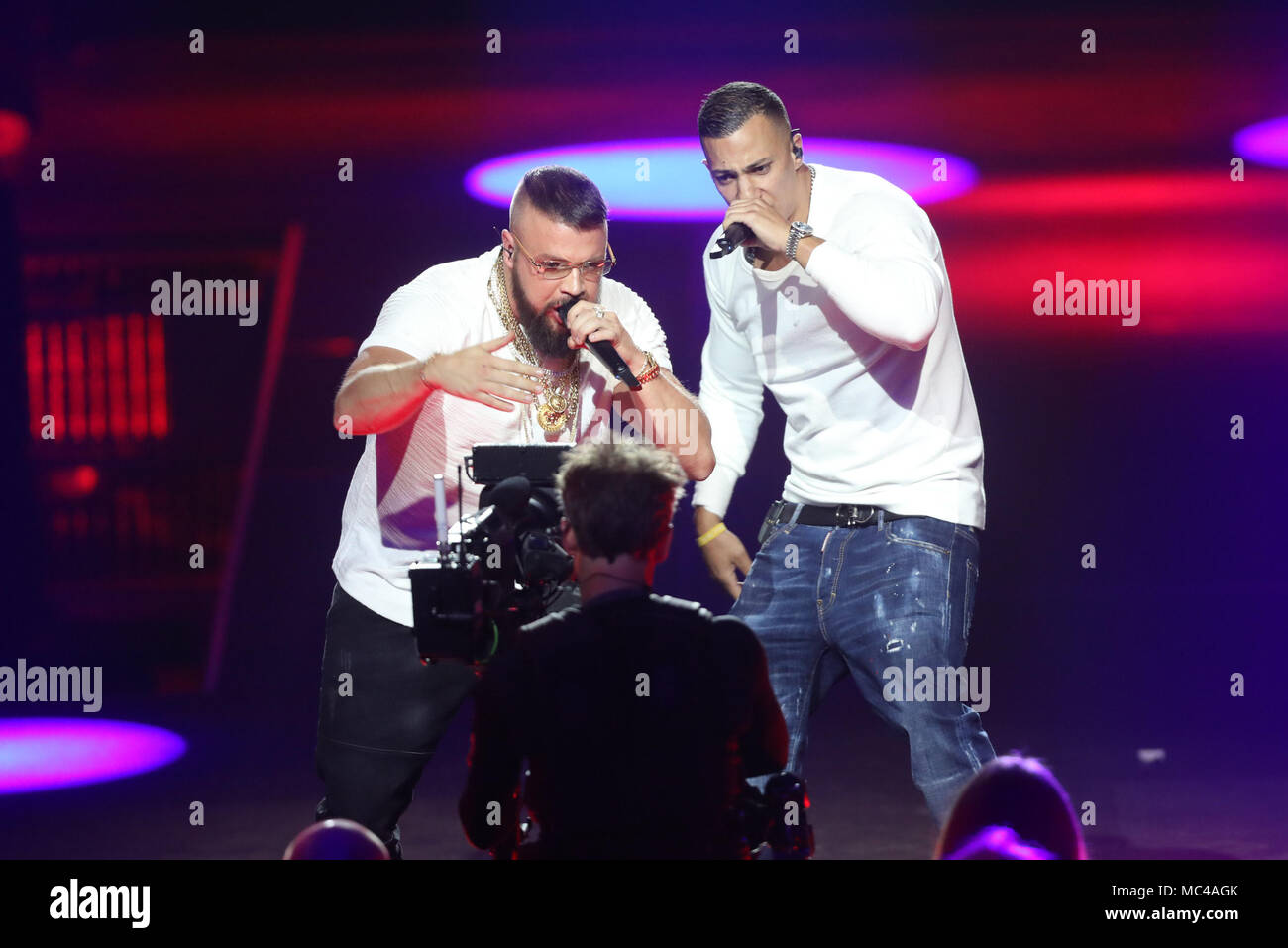 12 April 2018, Germany, Berlin: Rappers Kollegah (R) and Farid Band ...