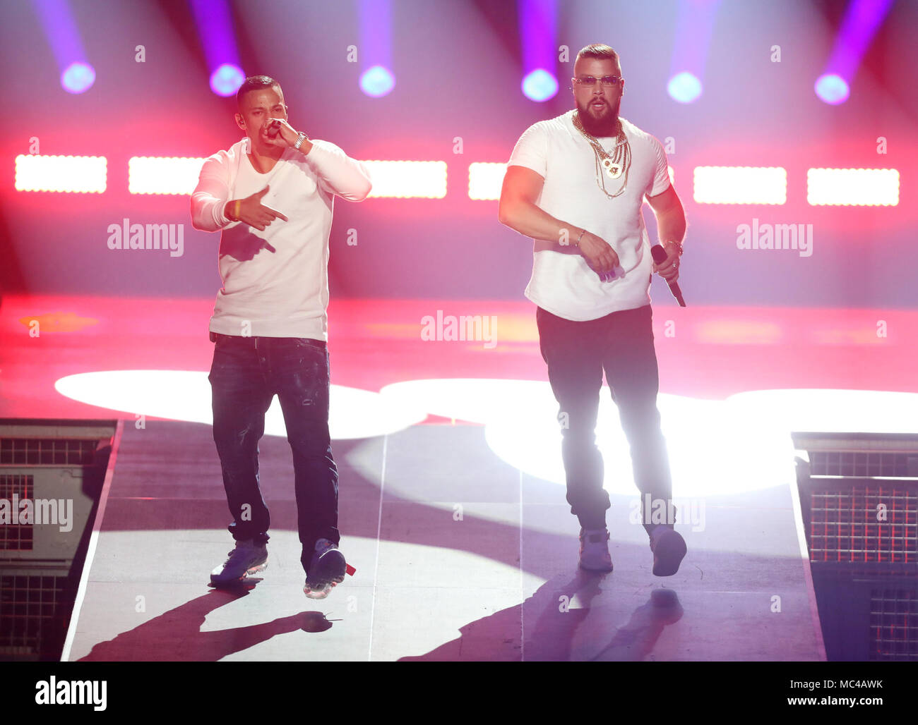 12 April 2018, Germany, Berlin: Rappers Kollegah (R) and Farid Band ...